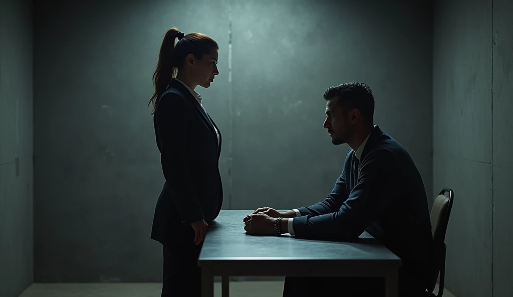 A poorly lit interrogation room, with grey walls and a metal table in ...