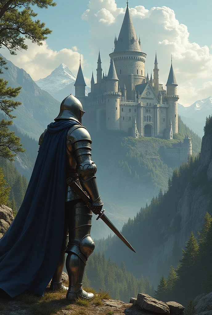 The same knight in armor looking at a castle in front of him - SeaArt AI