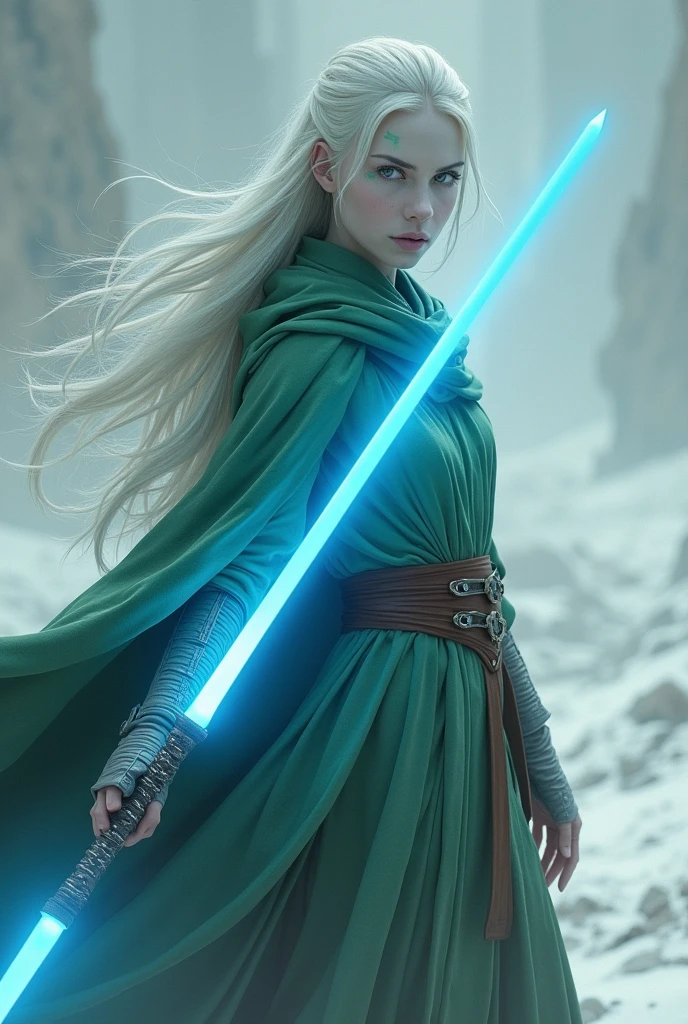 Female Jedi knight, Pale white-blue skin, Long back length white hair ...
