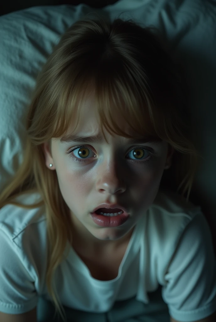A scared girl, lying on the sofa, looks very enjoyable, horror style ...