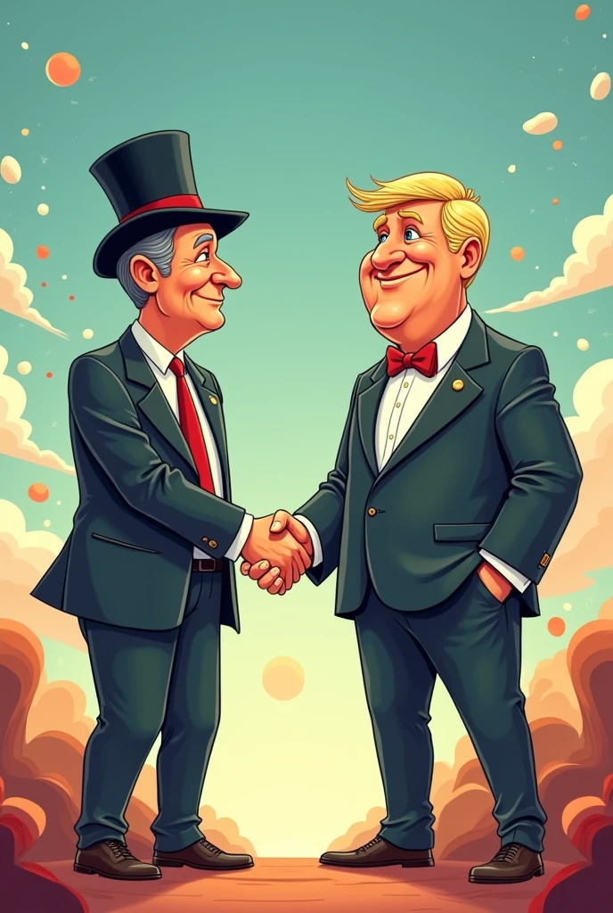Create an image of two men,a tycoon and a politician joining hands ...