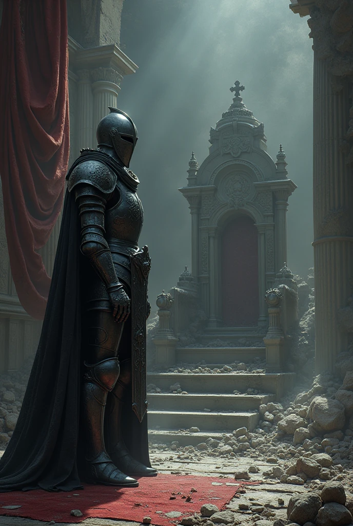 The king's hall destroyed with a cursed knight in armor and helmet next ...