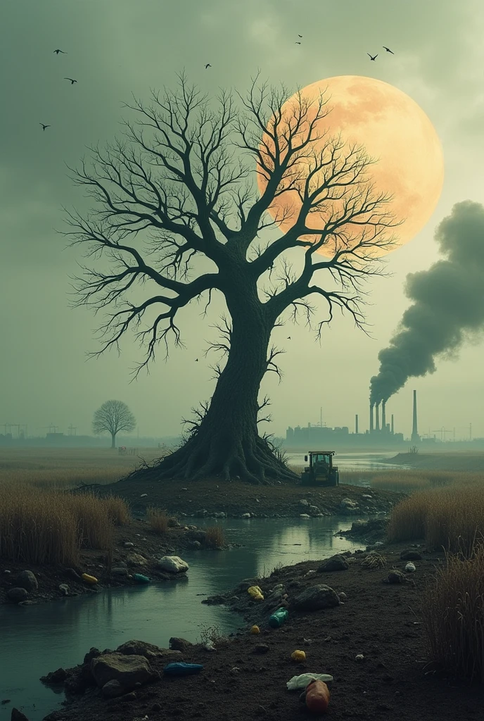 An image showing a deteriorating ecosystem. In the middle, A withered ...