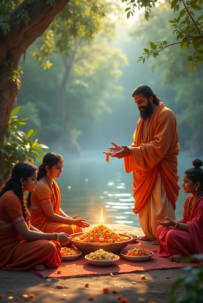 "An outdoor scene of a Shradh Pooja in Indian culture, with a family ...