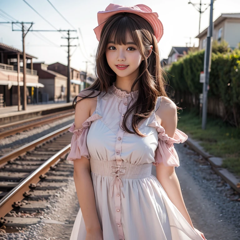 Laughing out loud，knee shot, The background is the railroad tracks ...