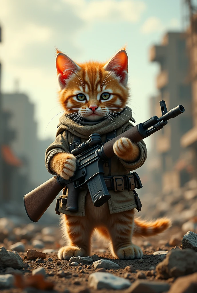 A cute kitten hero holding a tiny rifle, post-apocalyptic scene - SeaArt AI