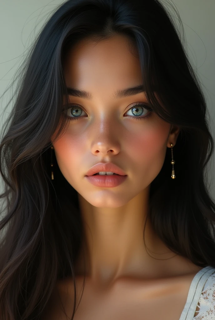 Tanned brunette girl with slanted eyes, blue eyes, long black hair ...