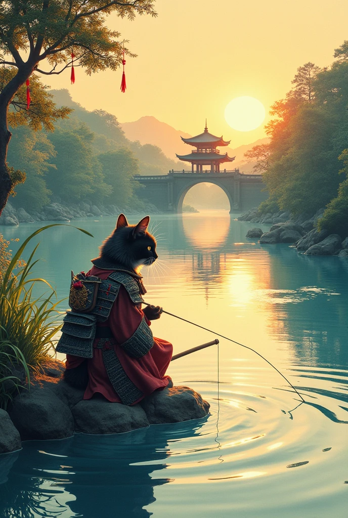 Samurai cat fishing in a Japanese river - SeaArt AI