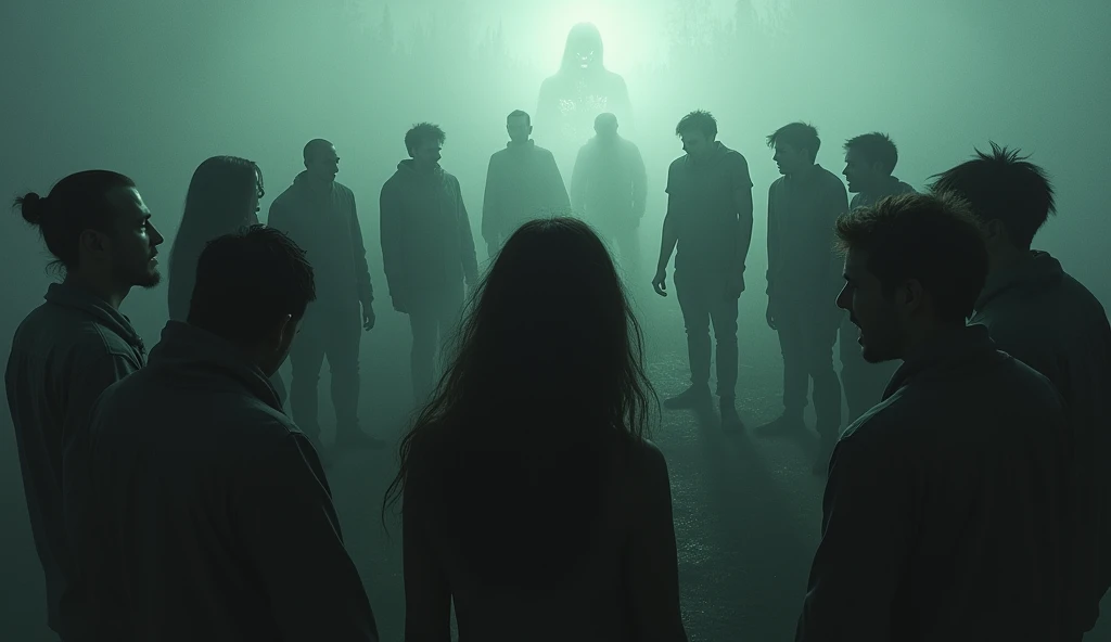 A group of people** standing in a circle, their faces contorted in fear ...