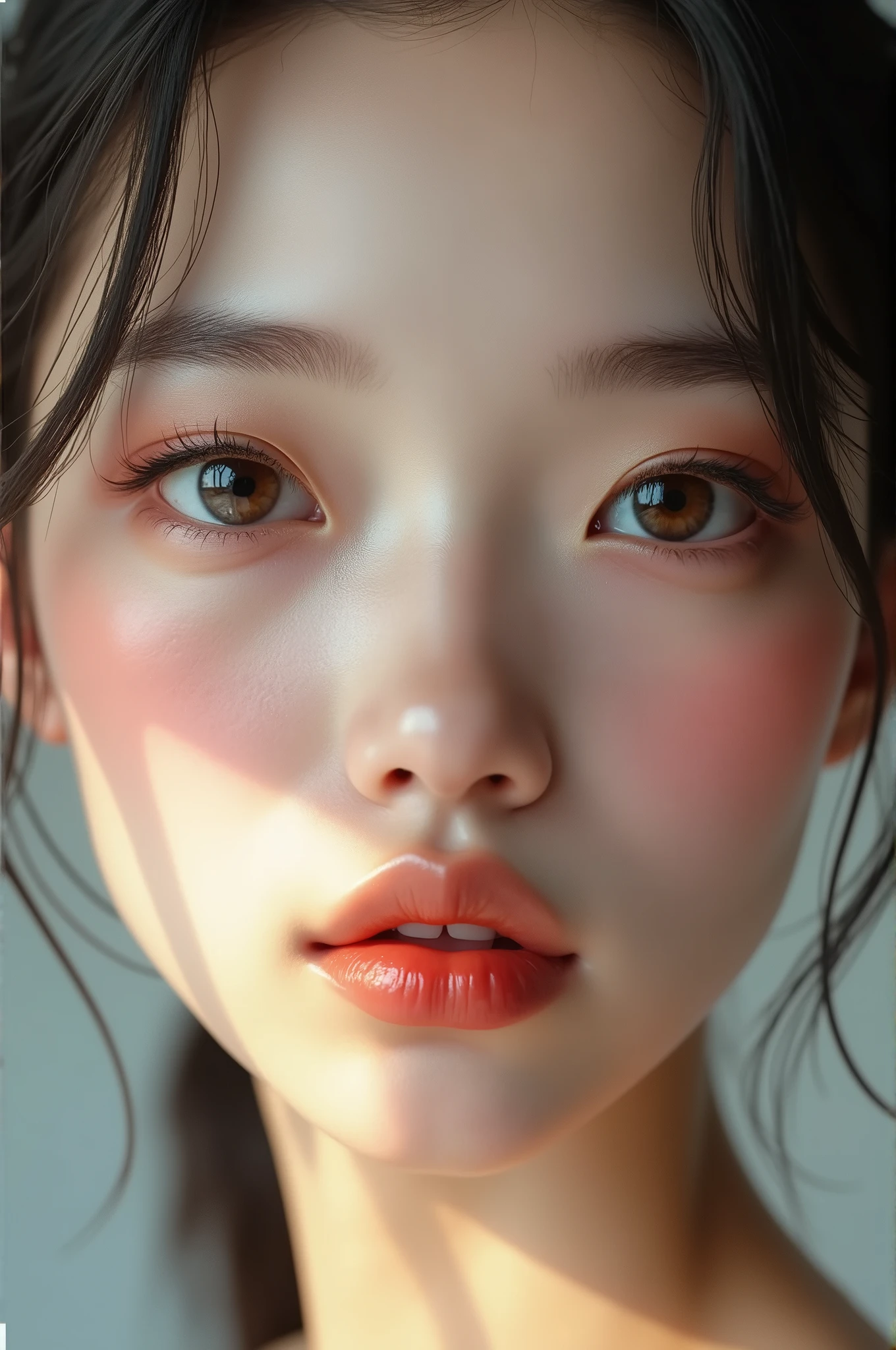 There is a woman with a red lip and a black hair - SeaArt AI