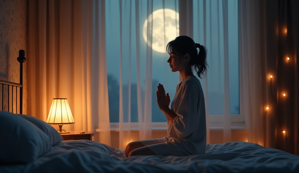 A viral social media image of a serene bedroom at night, soft moonlight ...