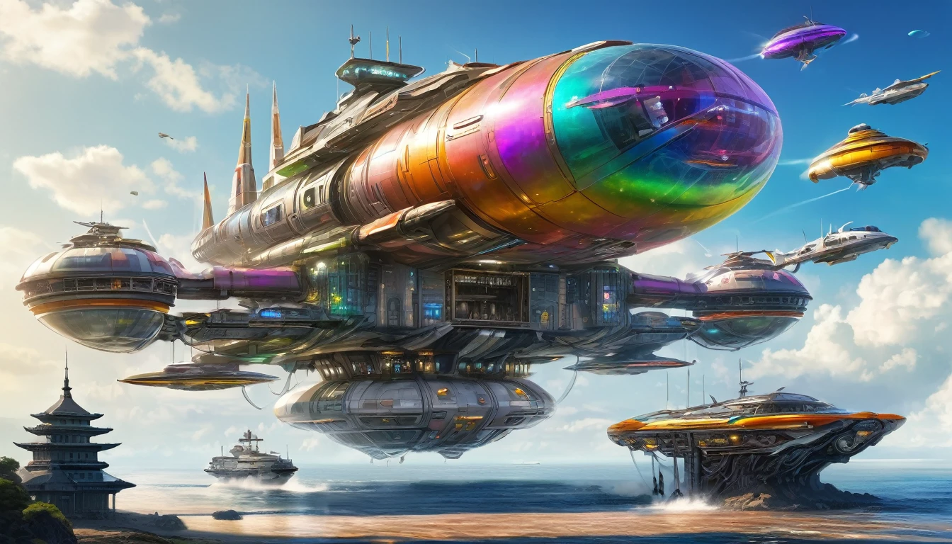 A long wide giant heavily armored divine futuristic flying all terrain ...