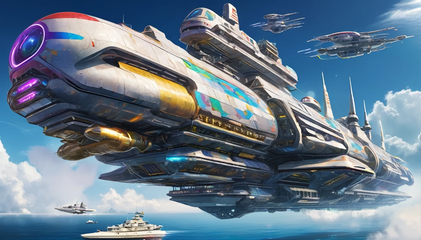 A long wide giant heavily armored divine futuristic flying all terrain ...