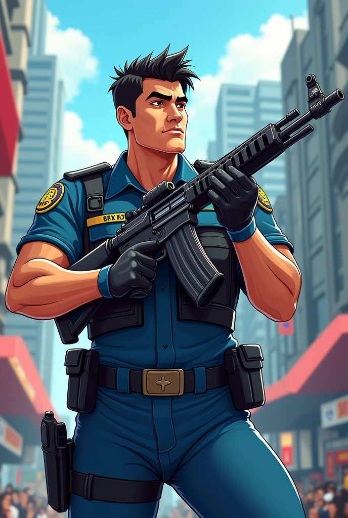Make me a cartoon character of a male police officer using a Brimob PDL ...