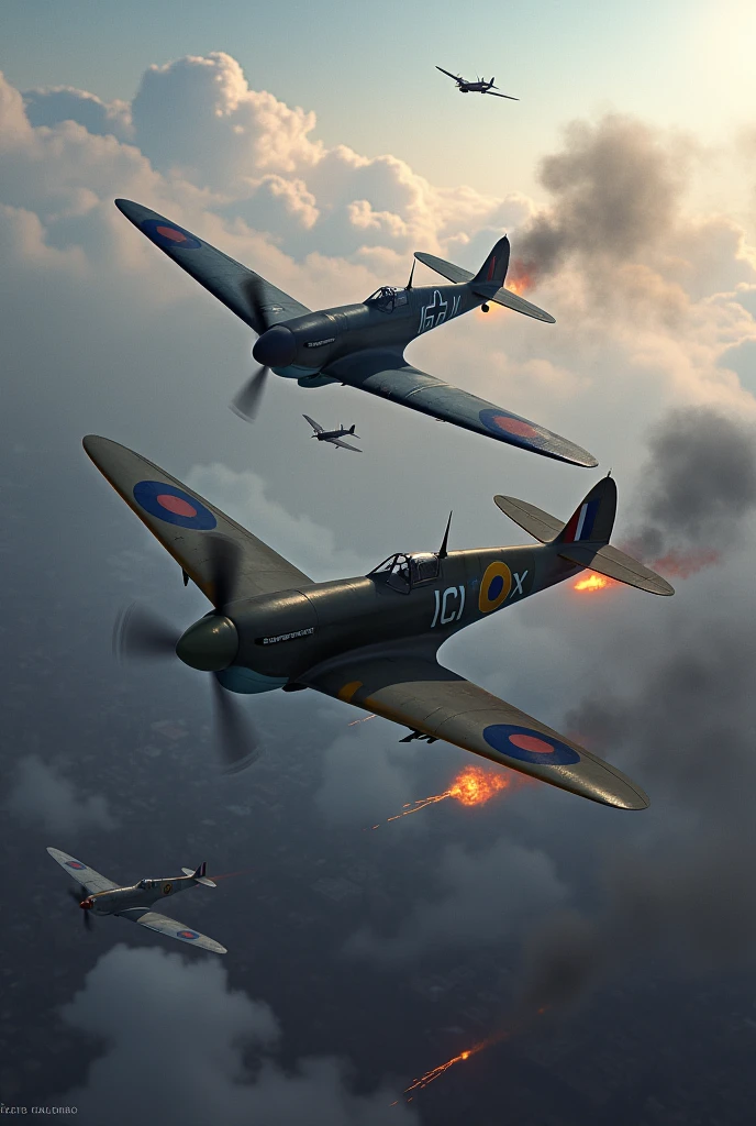 A Spitfire Fighter aircraft, having an aerial battle with a ...