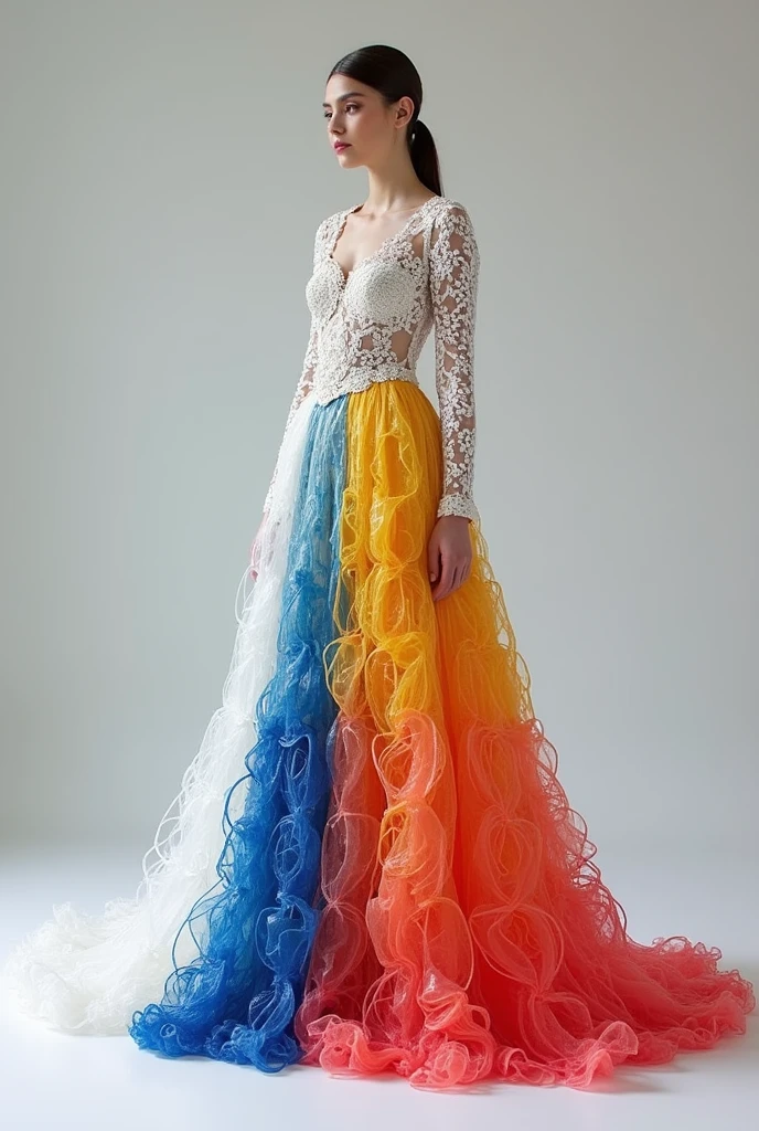 Make a dress with a combination of four colors and white as the base ...