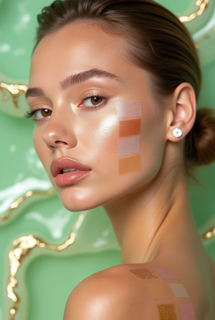 Skin test of makeup highlighter, with 6 different tones, on a water ...