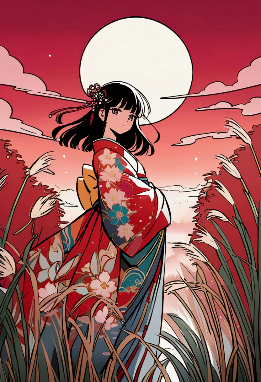Japanese hanafuda art style,white moon on red sky,a pretty samurai girl ...