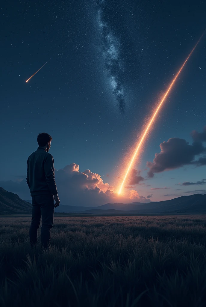 Create an image of a man with his back turned looking at a meteor ...