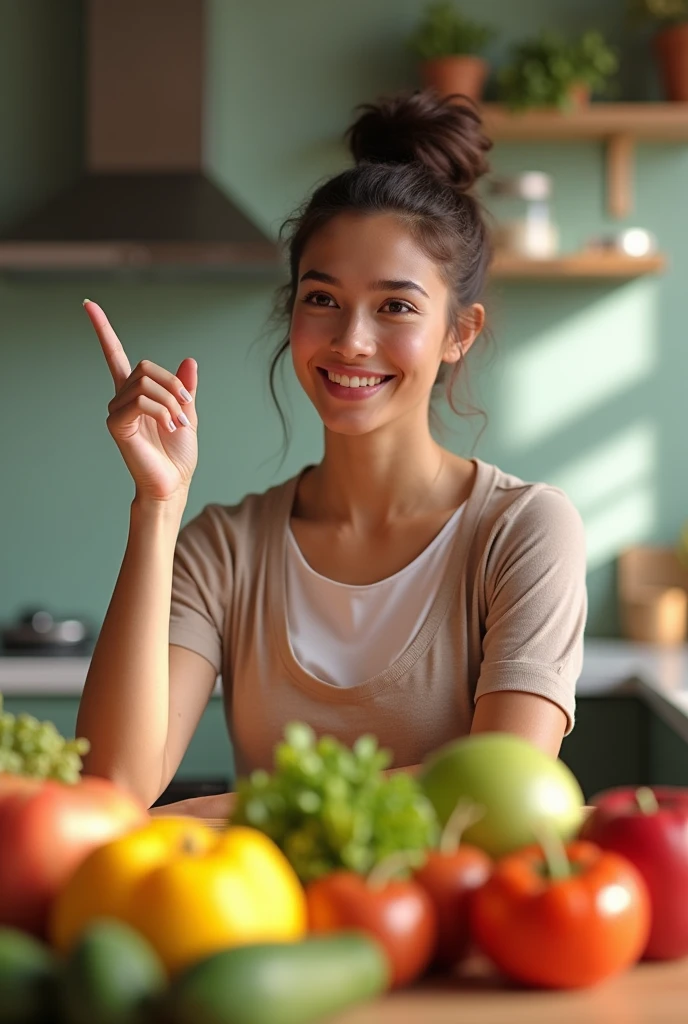 a woman nodding while pointing at the healthy food. - SeaArt AI