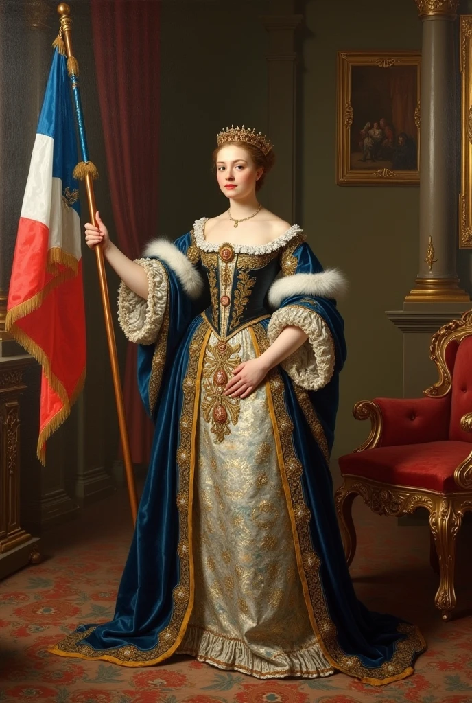 An oil painting of Isabella of France holding the French flag - SeaArt AI