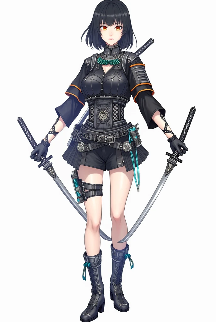 Araffe dressed in a black suit holding a sword and a sword, cyborg ...