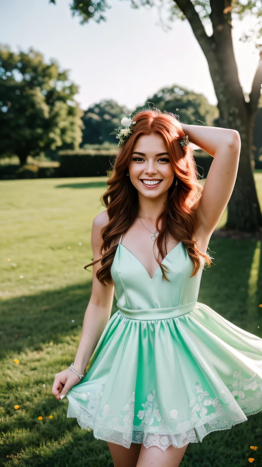 A woman in a green dress posing for a photo in a park - SeaArt AI