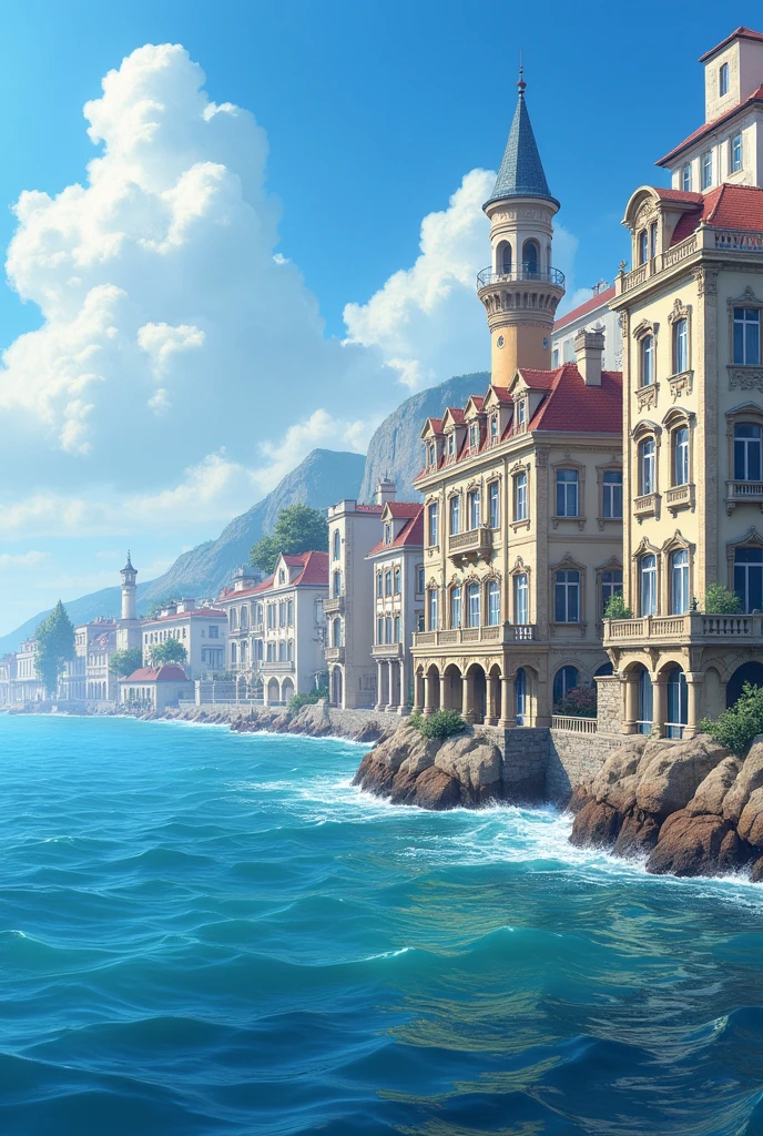 A beautiful view of buildings lining the sea like blue water - SeaArt AI