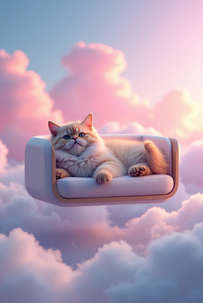 Cute cat in the modern floating cat bed in a cloudy sky. Colorful ...