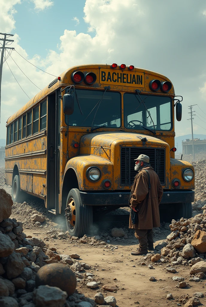 "A dystopian setting where an old bus is used as shelter by a bearded ...