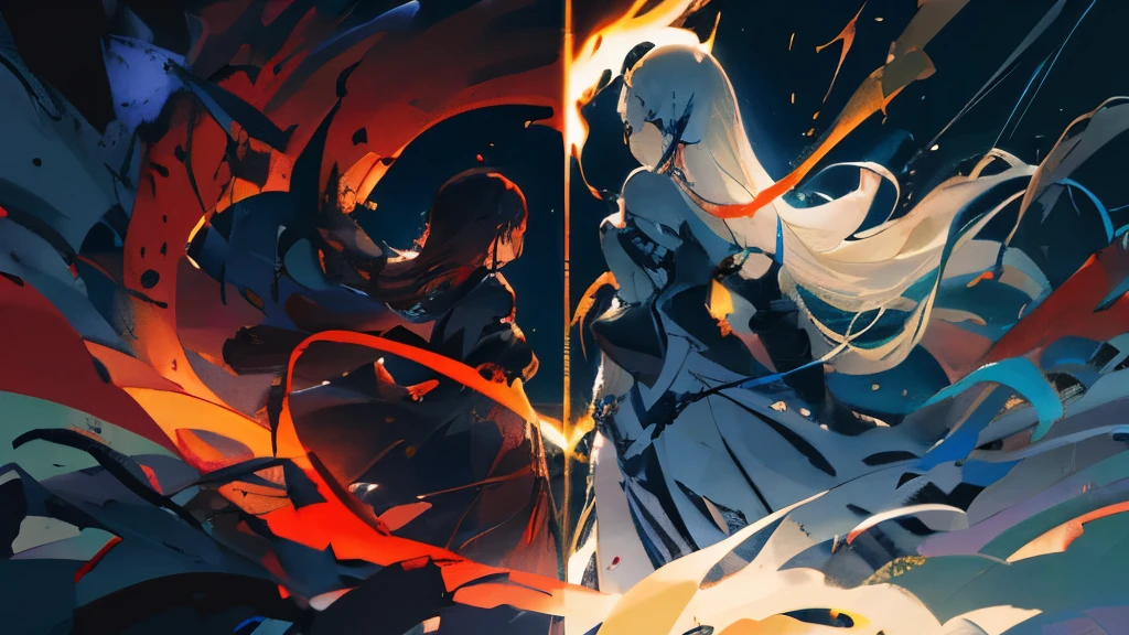 Anime girl with long white hair and a sword in front of a fire - SeaArt AI