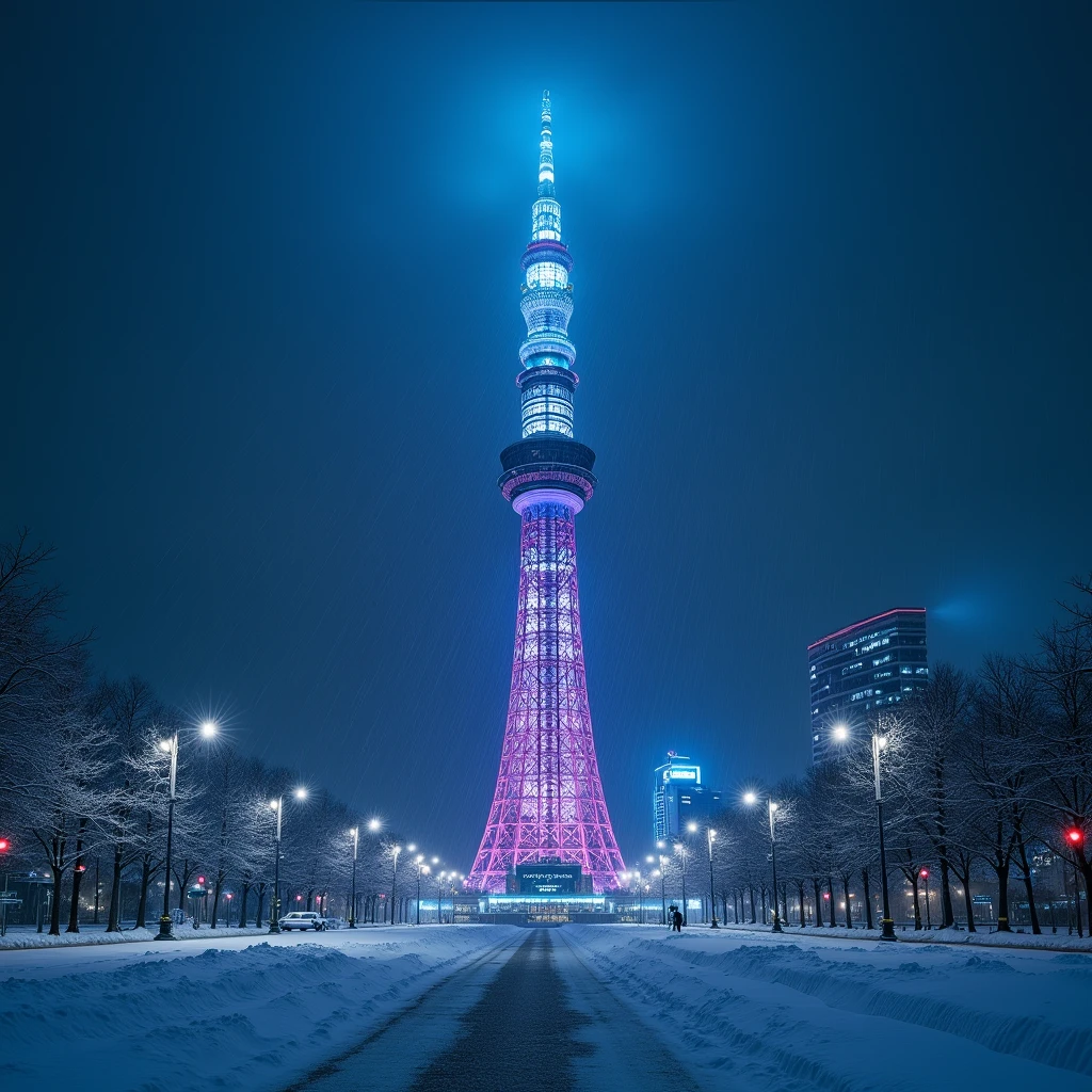 A hyperrealistic photograph of Tokyo Skytree at night, covered in heavy ...