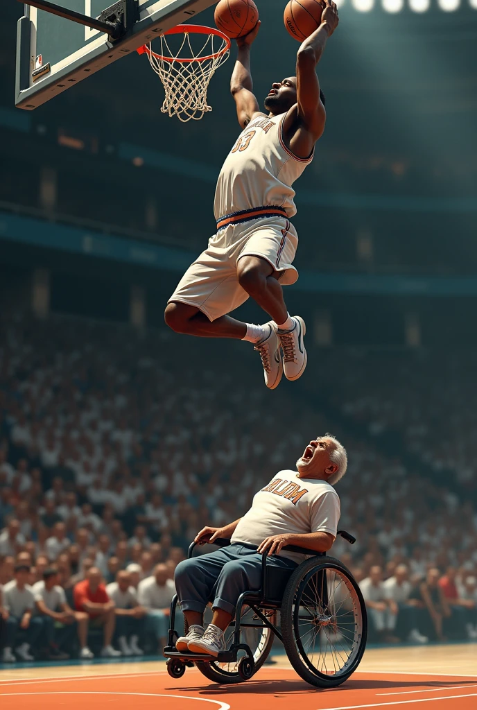 Create an image of a black man.06 meters dunking over a grandfather who ...