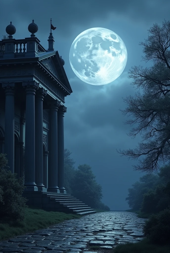 Realistic Moonlight picture with historical building at the front ...