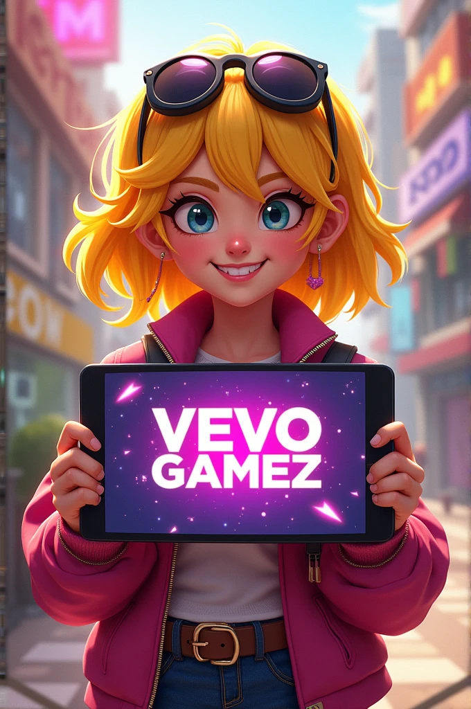 Yellow girl with the word VeVo gamez in her hands - SeaArt AI