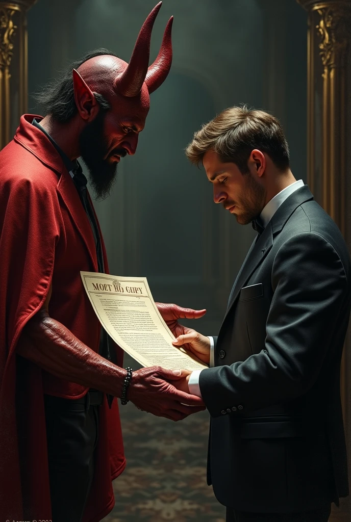 The devil offering a contract to another man with money in hand to ...