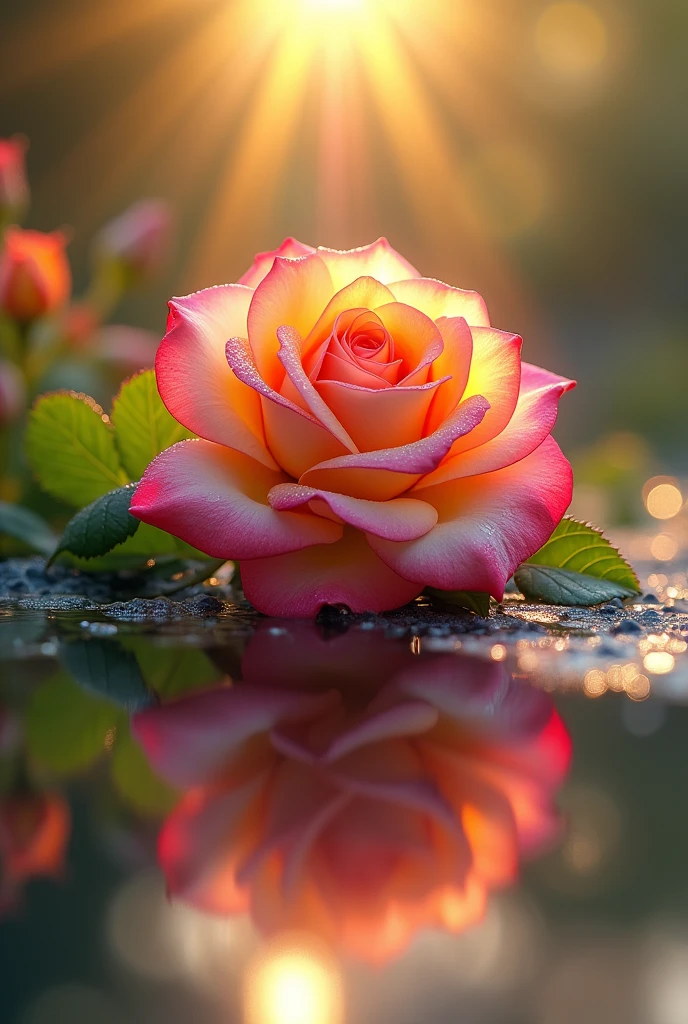 A pink, red, yellow, and white rose flower that is reflected in the ...