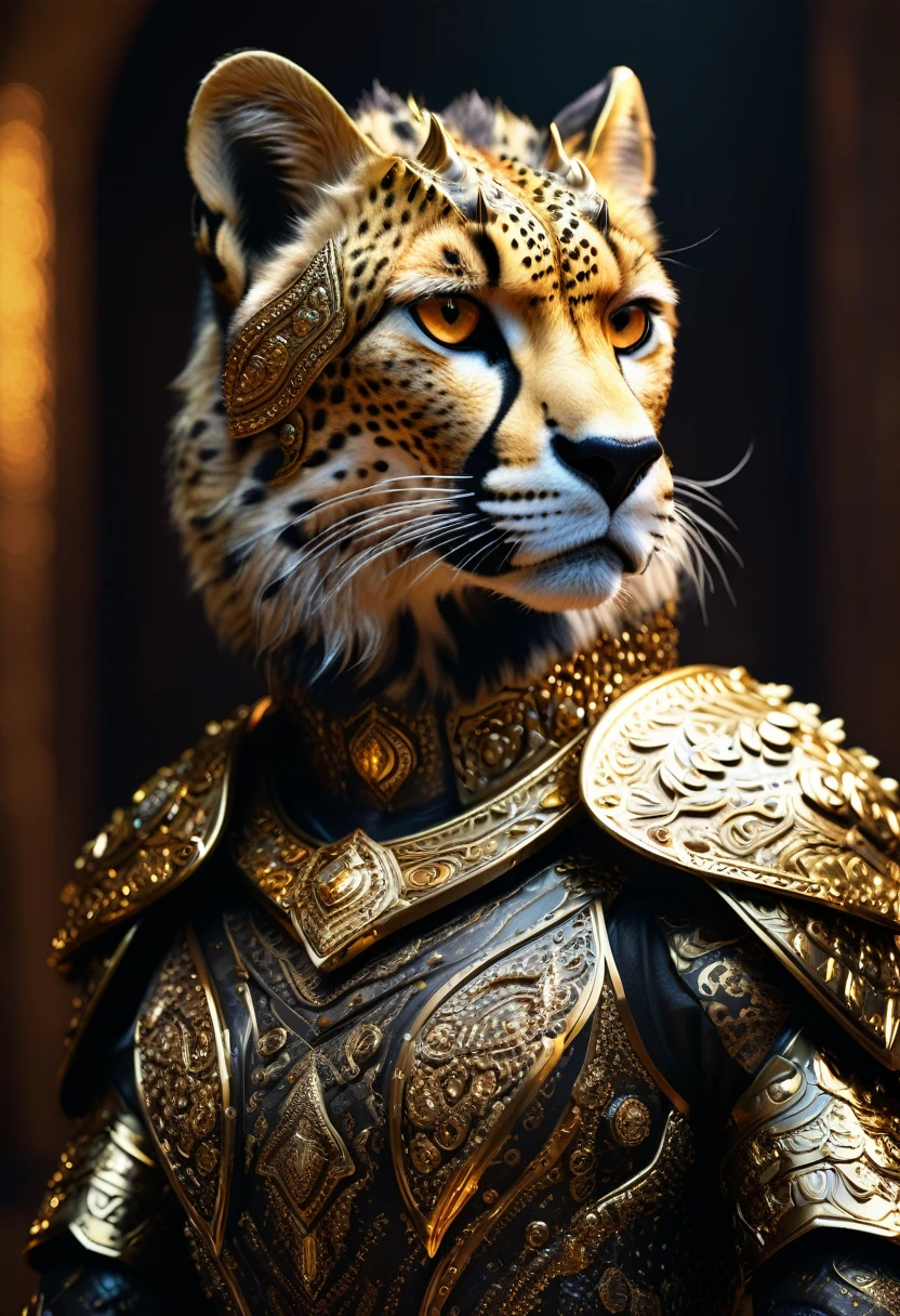 A regal cheetah adorned in ornate, dark bronze armor, with glowing ...