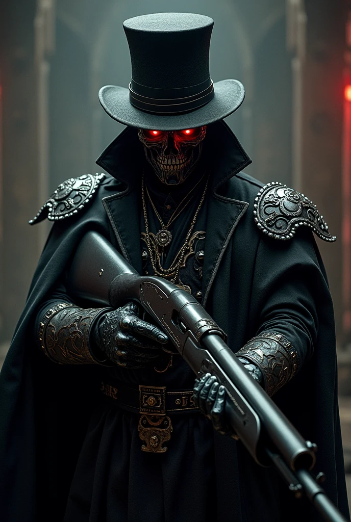 Red-eyed man in dark armor is wearing a magician's top hat - SeaArt AI