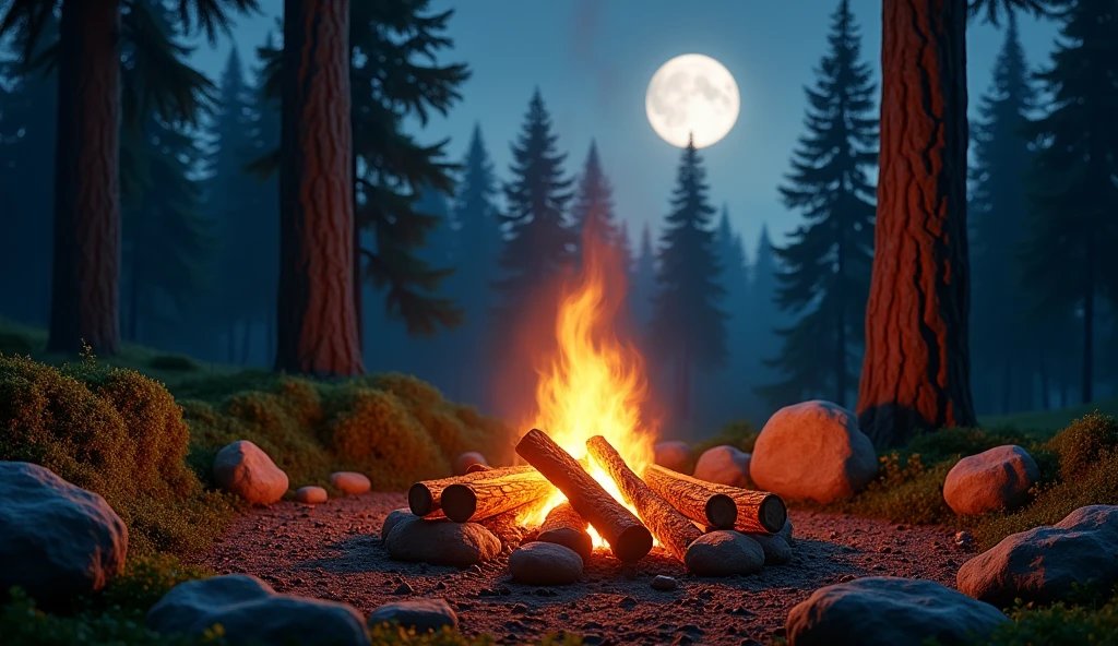 A large campfire in a forest, glowing flames, detailed wood texture ...