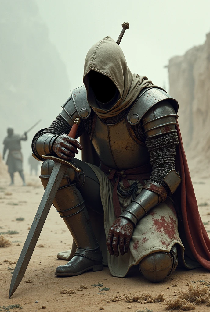 In the distance, a Templar knight from the Crusades with his armor worn ...