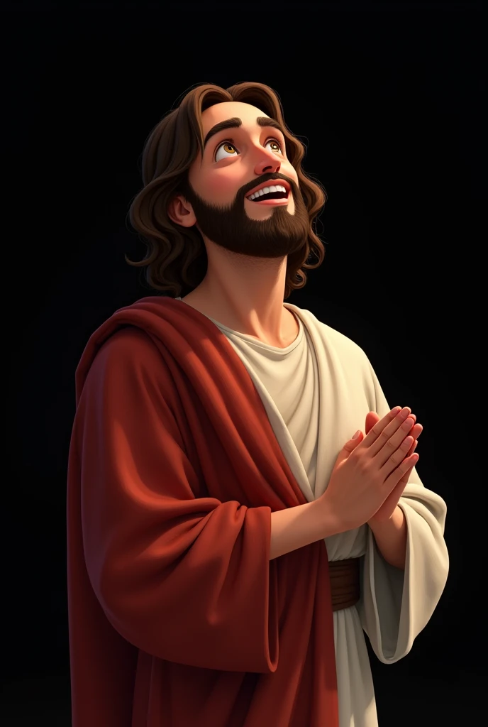 A warm and welcoming representation of Jesus looking up to the sky with ...