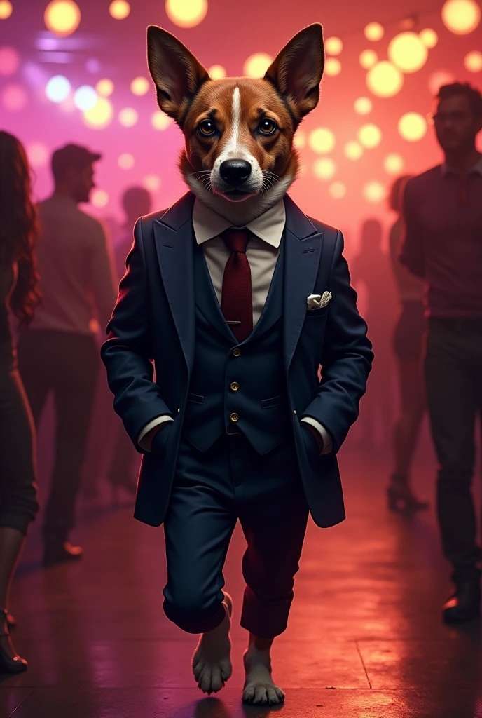 Dog in modest western dance suit walking in realistic nightclub - SeaArt AI