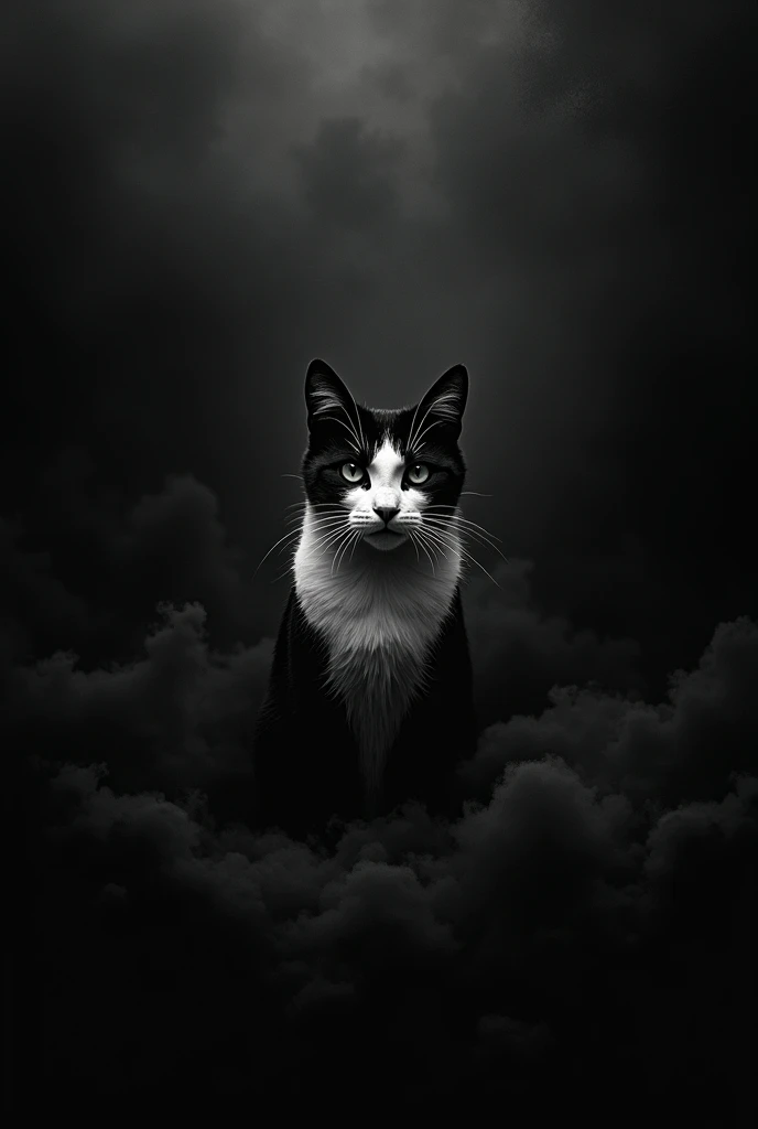 Black mixed white cat in a black void, the black void contains mix ...