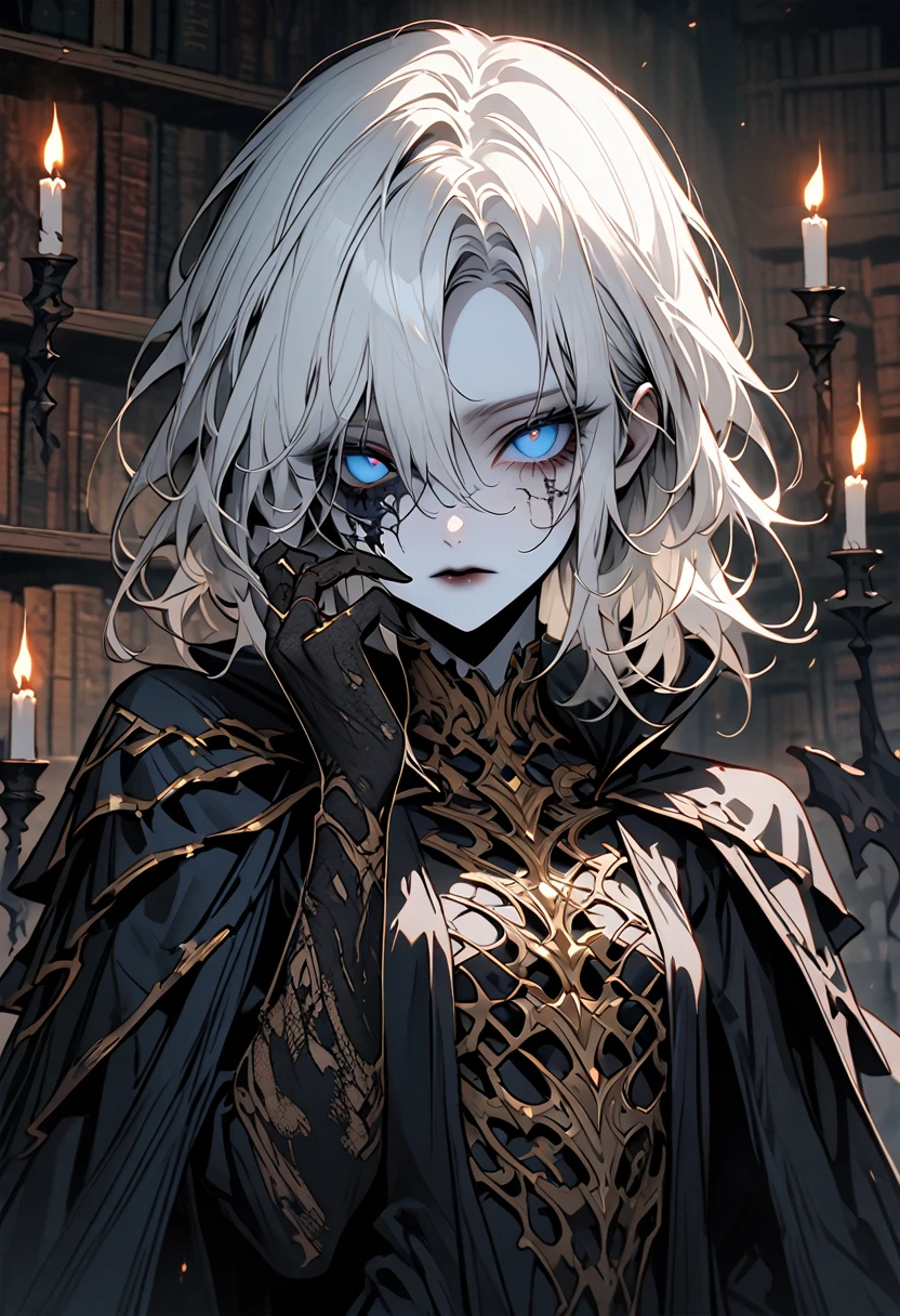 Solo, female, close up, black fire around eyes, blue eyes with gold ...
