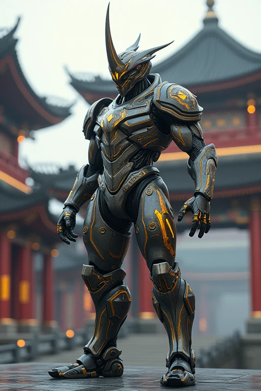 A futuristic biomechanical Warframe with inspirations dragon design ...