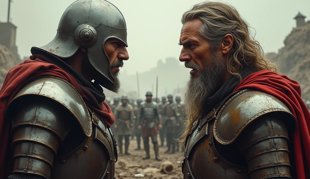 A dramatic illustration showing the leaders of opposing medieval ...