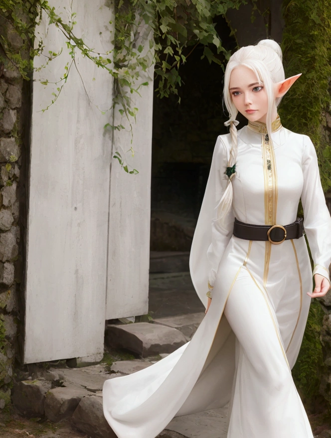 A short, slender, youthful-looking female elf with long white hair tied ...