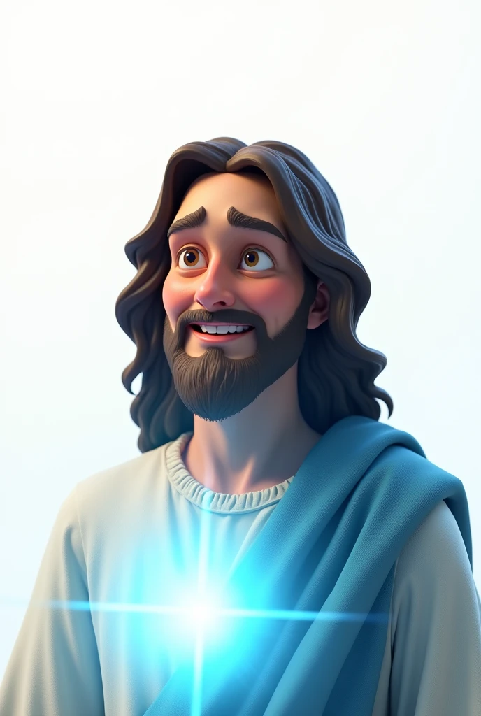 Pixar-style 3D imaging Jesus smiling with a blue light radiating his ...