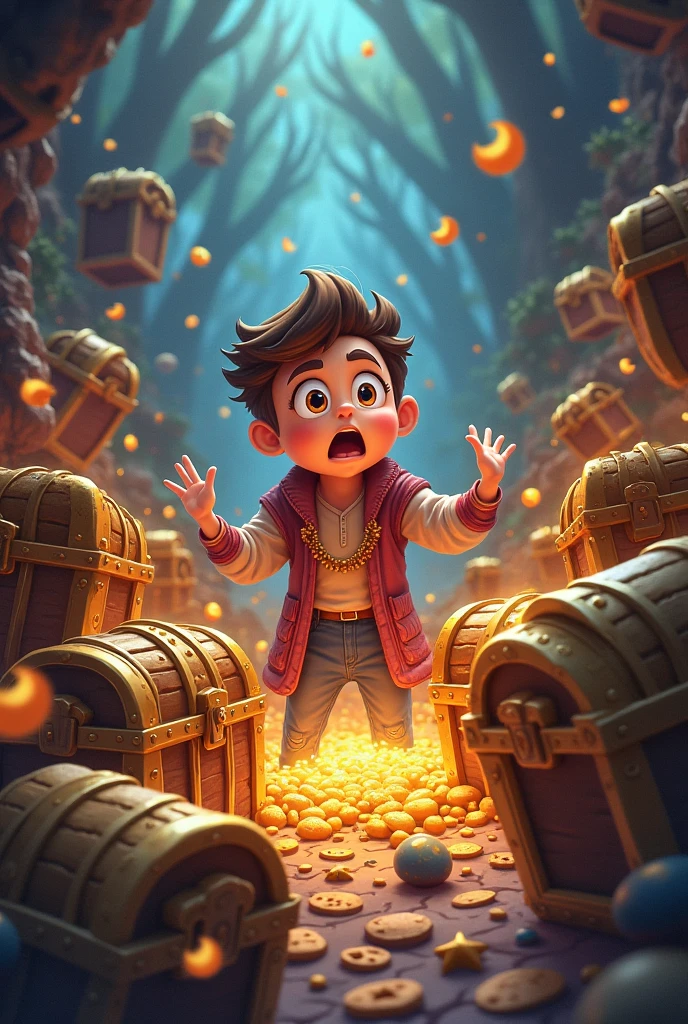 Make me a thumbnail that has many surprise chests and a surprised ...